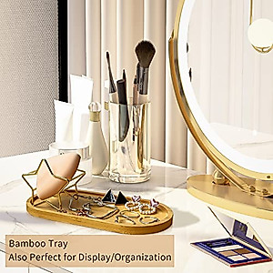 Homesweet Qtip Holder Bathroom Set, 2 Bathroom Jars with Tray, 11oz Plastic Airtight Jars Perfect for Family with Kids, Moisture-Proof, Bamboo Tray with Non-Slip Pads, Wood Color