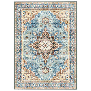 VOTOWN HOME Area Rug 6'x9' - Vintage Design Washable Living Room Rug with Non-Slip Rubber Backing, Non-Shedding, Faux Wool Vintage Boho Area Rug for Bedroom, Dining Room and Laundry Room