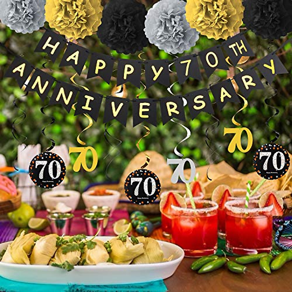 Yoaokiy 70th Anniversary Decorations Kit - 16Pcs - Including 1Pcs Happy 70th Anniversary Banner, 9Pcs 70 Hanging Swirl, 6Pcs Poms - 70th Wedding Anniversary Party Decorations Supplies…