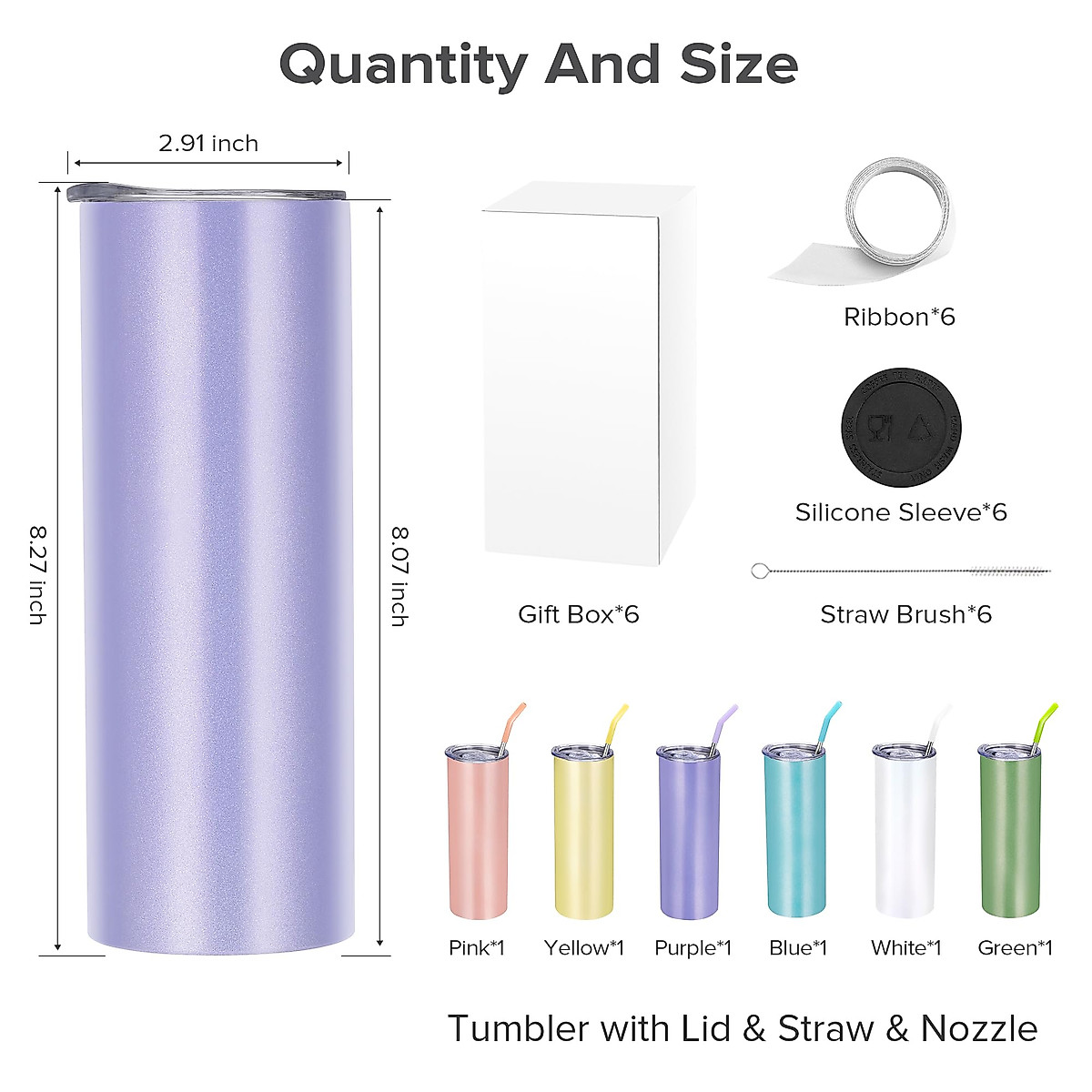 FASTSUB Sublimation Tumblers 20 oz Blank Bulk Glitter Cups Straight Skinny Stainless Steel Double Wall Vacuum Insulated with Lids and Straws Coaster for Tumbler Heat Press Multicolored 6 Pack