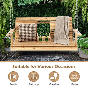 Giantex Outdoor Hanging Porch Swing - 2-Seat Wood Swing Bench with Folding Cup Holder and Sturdy Metal Hanging Chains, Outside Patio Swing Chair for Garden, Backyard, Poolside, Natural