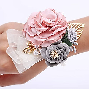 Elandy 1PC Rose Flower Wedding Bride Wrist Corsage Wristlet Band Faux Pearl Bracelet Bridesmaid Wrist Corsage Decor for Wedding Prom Party