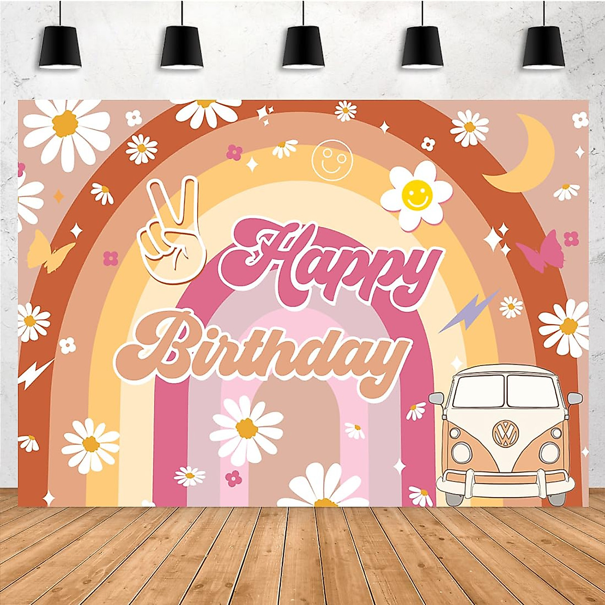 Aperturee 7x5ft Happy Birthday Backdrop Daisy Floral Groovy Photography Backdrop Girls Bday for Newborn Boho Rainbow Bus Party Decorations Cake Table Supplies Banner Photo Booth Props