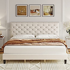 HOSTACK Queen Size Bed Frame, Modern Upholstered Platform Bed with Adjustable Headboard, Heavy Duty Button Tufted Bed Frame with Wood Slat Support, Easy Assembly, No Box Spring Needed (Beige, Queen)