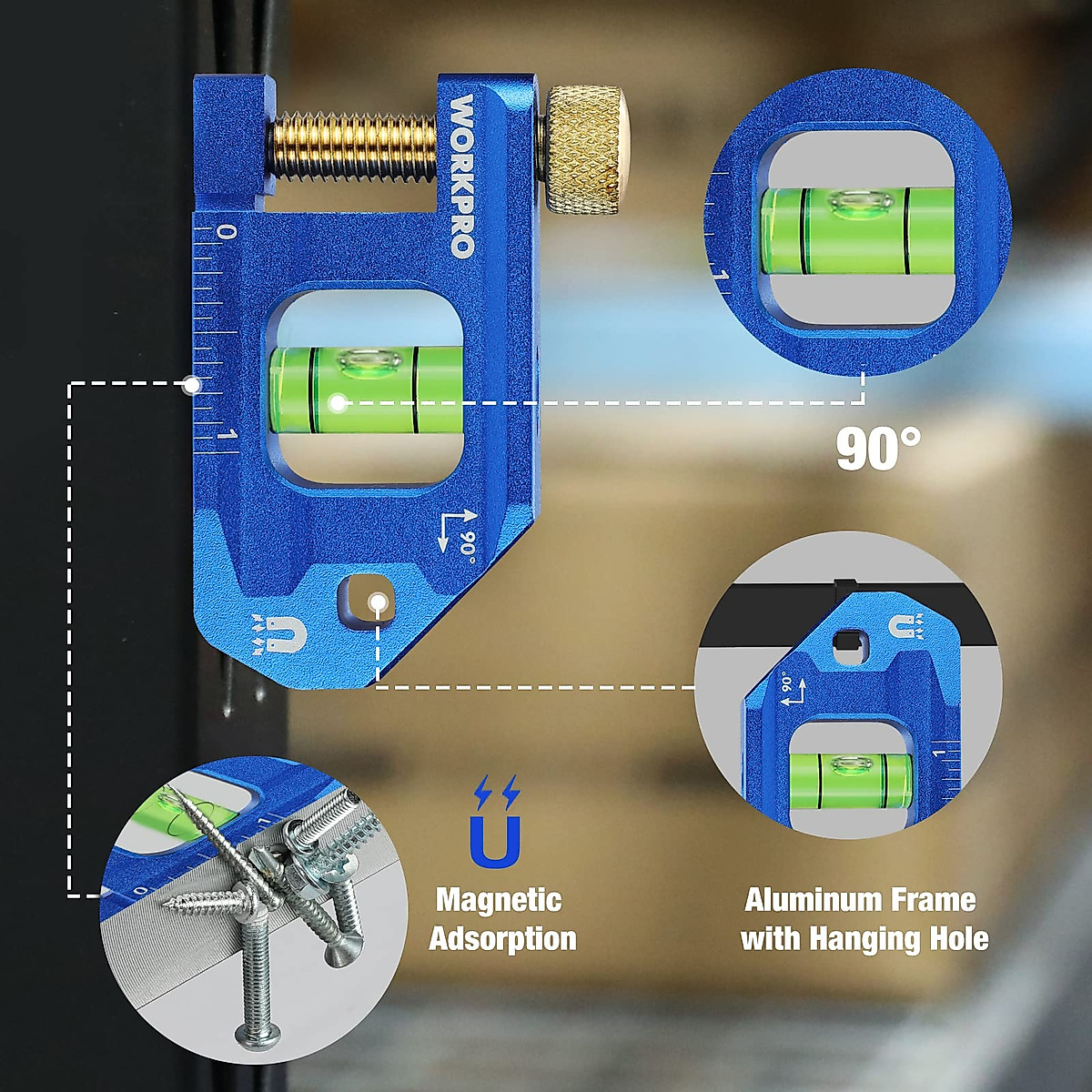 WORKPRO Conduit Bending Level, Magnetic Level, Pipe Level, Bubble Vial for 90° Measurement, Aluminum Alloy Construction, 2.5-inch, Cobalt Blue