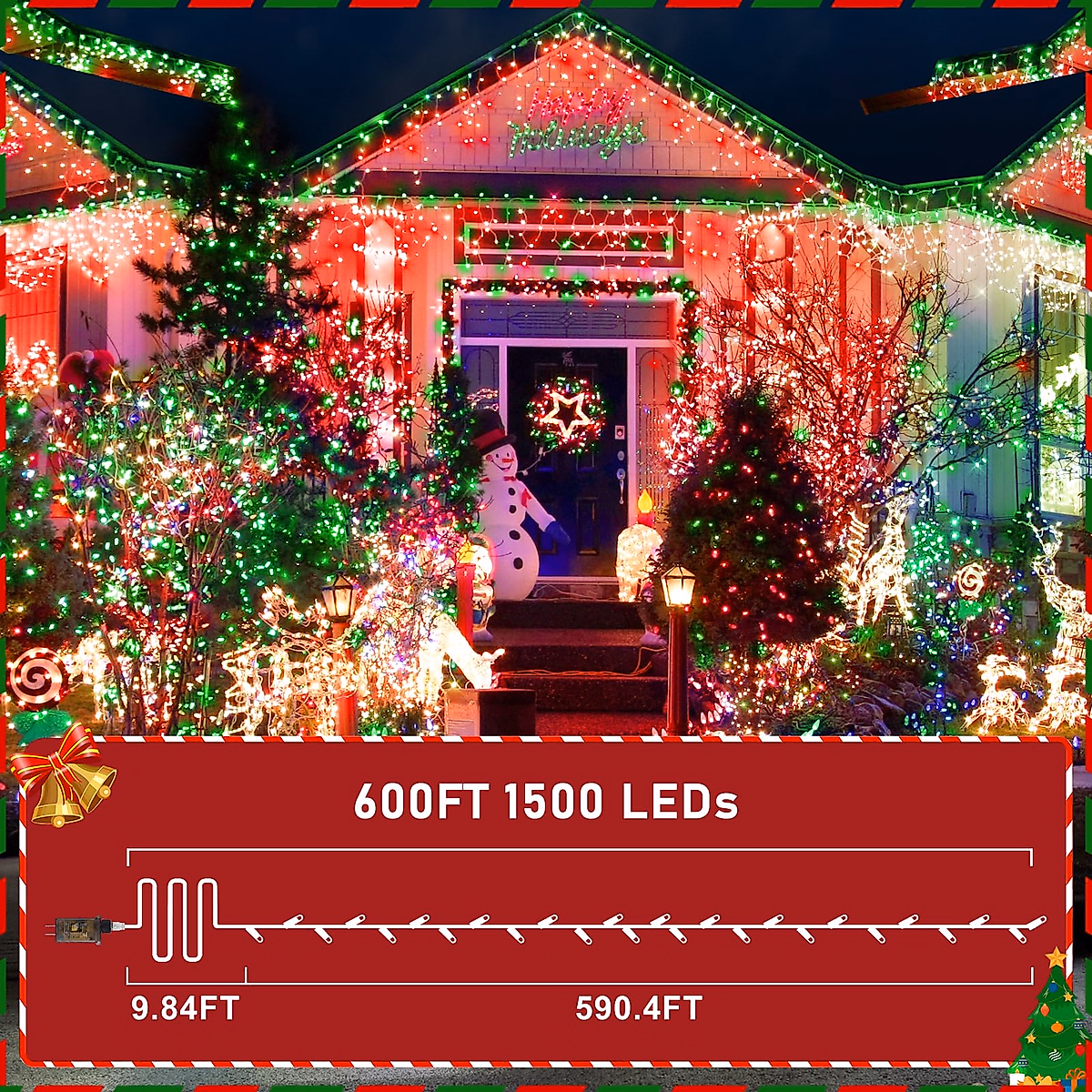 KNONEW 600ft 1500 LED String Lights Outdoor Christmas Lights 8 Modes & Timer Fairy Light Plug in Waterproof LED String Lights for Xmas Yard Tree Wedding Party Holiday Decorations (Red and Green)