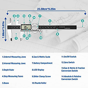 Raynesys Digital Caliper with Absolute Value Function 0-6" Inch/MM/Fraction Conversion, Stainless Steel Electronic Diameter Measuring Tool with Large LCD Screen, IP54 Waterproof Protection, Auto-Off