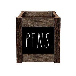 Rae Dunn Pencil Cup - Wooden Pen Holder and Desktop Organizer - Small Rustic Wood Desk Top Caddy for Office Accessories and Supplies - Organization for Home, School, Classroom, Work (Dark Brown)