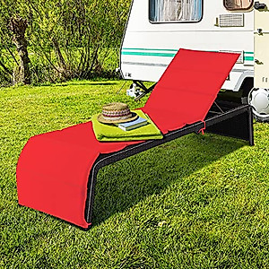 RELAX4LIFE Outdoor Patio Rattan Chaise Lounge, PE Rattan Wicker All Weather Lounge Chair with Adjustable Reclining Backrest and Cushions for Poolside Porch Garden and Backyard (1, Red)