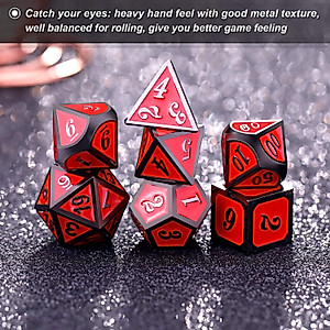 Bememo Polyhedral Metal Dices Set Zinc Alloy with Enamel Solid Metal Compatible with DND Game, Tabletop RPG, Dungeons and Dragons, Math Teaching, 7 Pieces Dice Set with Black Velvet Bag (Black Red)