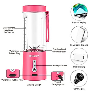 Portable Blender for Shakes and Smoothies, KOKOCA Personal Travel Blender for Protein with 4000mAh USB Rechargeable Battery, Crush Ice, Frozen Fruit and Drinks, 18 oz Mini Cup, Pink 1