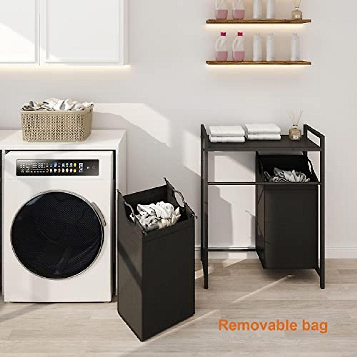 LAATOOREE Double Laundry Hamper with Top Shelf, Two-Color Tall Laundry Basket with 2 Removable Laundry Sorter Bags, Clothes Hamper for Laundry Room, Bedroom - Black Walnut and Black