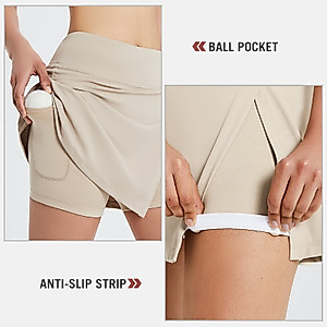 BALEAF Women's Golf Skirts High Waisted Tennis Skorts with Slit Athletic Running Skirt with Shorts and Zip Pockets Khaki XL