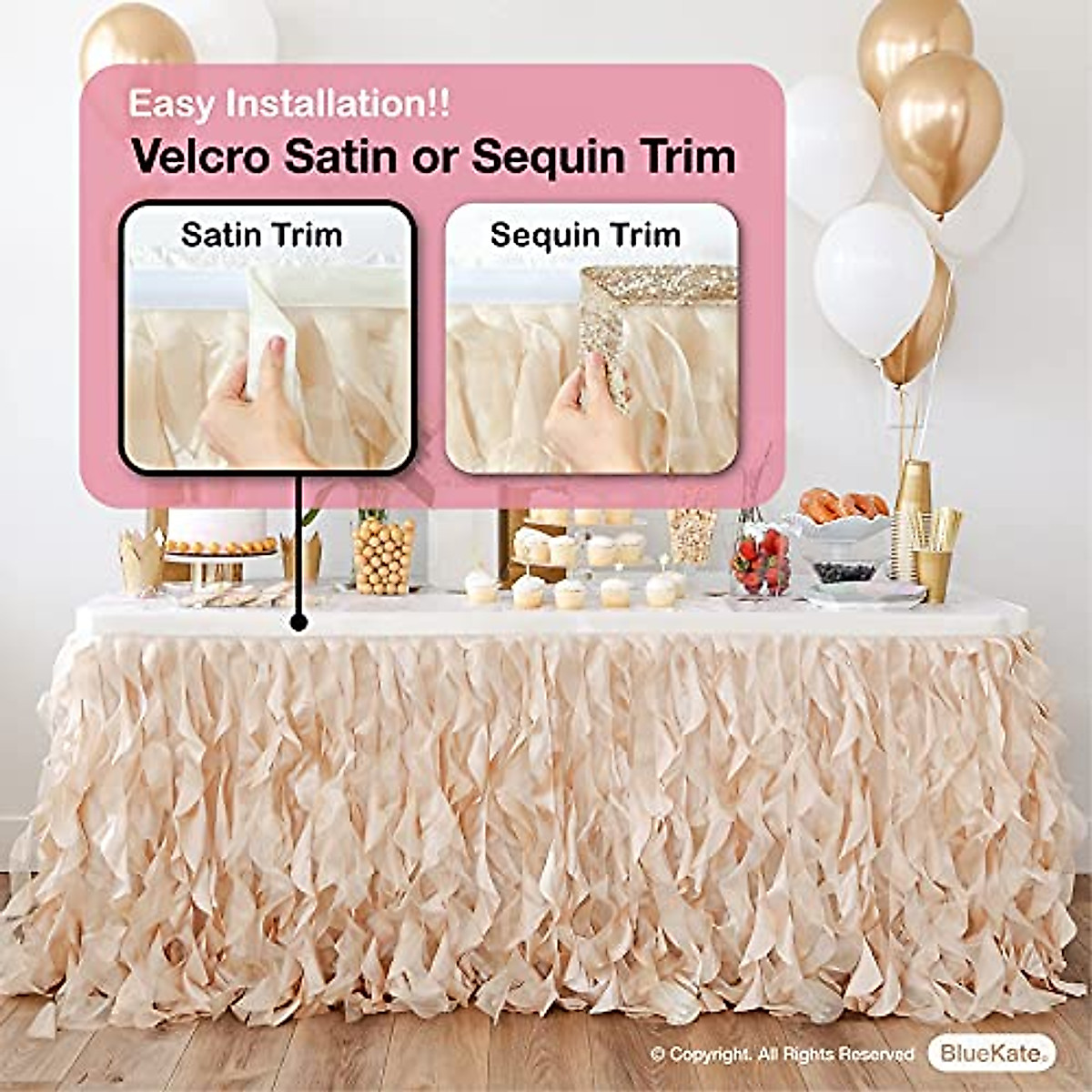 Bluekate Champagne Gold Table Skirt 6ft. Double Organza, Two Trims Party Tutu Table Skirt! Wedding Decorations Rustic Theme, Graduation, Gold Party Decorations. Table Skirts for Rectangle Tables 6ft