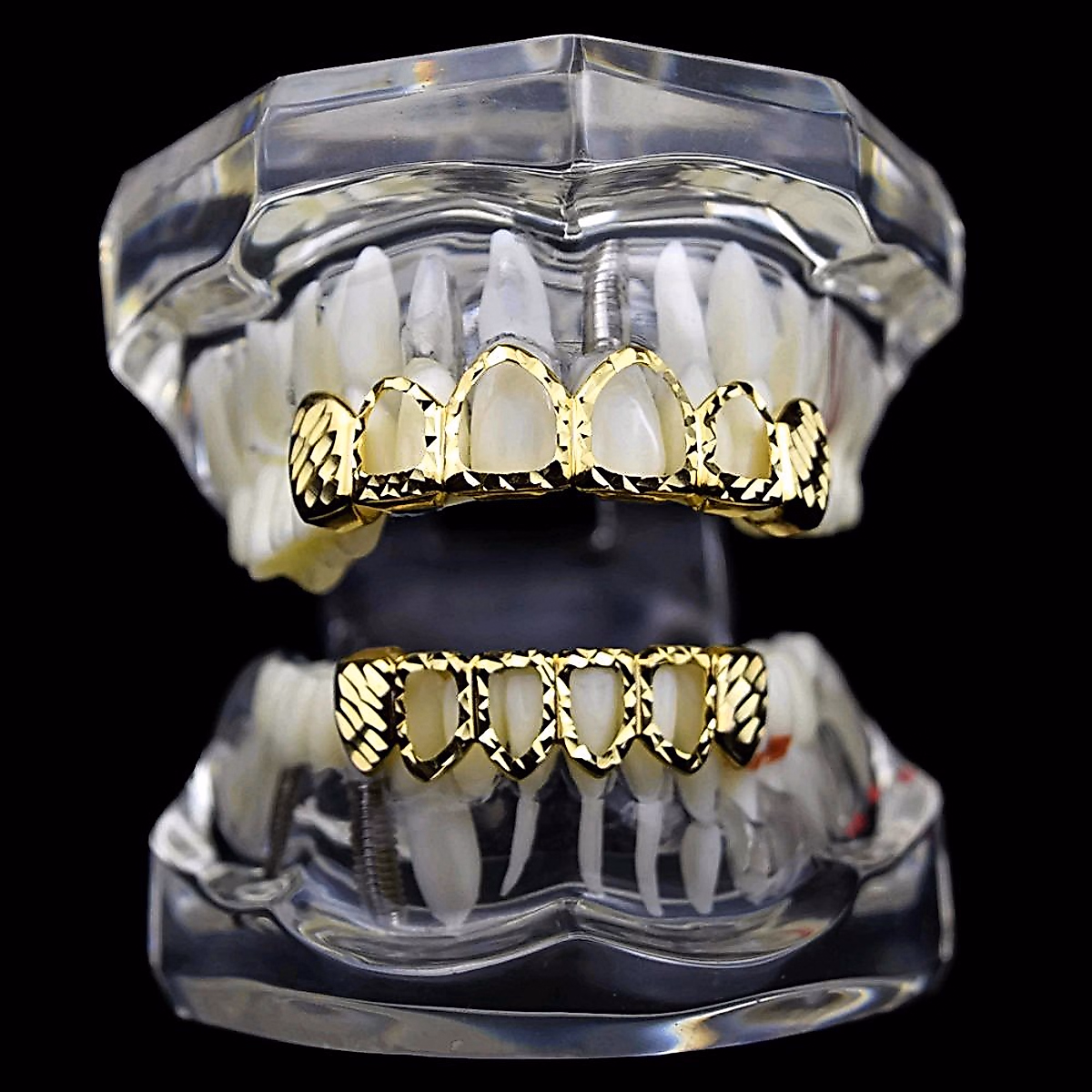 Diamond-Cut Grillz Set 14K Gold Plated 4 Open Face Top & Bottom Teeth Hip Hop Grills