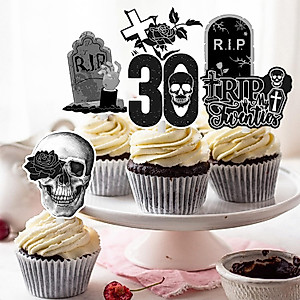 36Pcs Rip My Twenties Cupcake Toppers Happy 30th Birthday Party Decorations Black Death to My 20s Cake Picks for 30th Theme Birthday Party Supplies