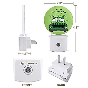 St.Patrick Day Gnomes Truck Night Lights Plug into Wall, Buffalo Plaid Green Shamrocks Auto Round LED Lights with Dusk to Dawn Sensor for Bedroom, Bathroom, Hallway, Kitchen, Kids, Home Decor