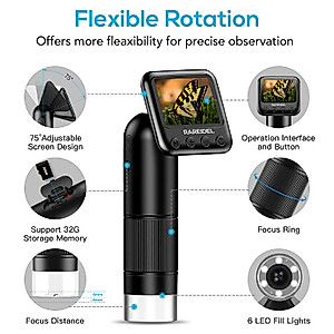 RAREIDEL Digital Microscope with 2" LCD Screen, 400X-800X HD Handheld Portable Pocket Microscope for Kids, Mini Coin Microscope Camera Magnifier, 6 LED Lights Adjustable, USB to PC