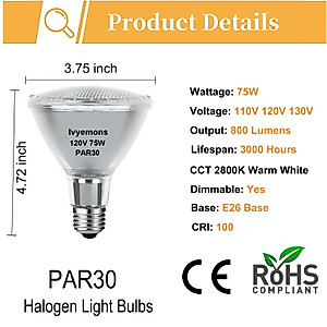Ivyemons PAR30 Long Neck Halogen 75W 120V - 2 Pack PAR30 75W 120V Flood Bulb Warm White 2800K, PAR30 Dimmable E26 Base, High Output 800LM 75W PAR30 Halogen Bulb for Tracking Light, Recessed Light