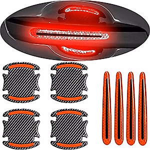8PCS Car Door Handle Sticker 3D Carbon Fiber Anti Scratches Protective Films Universal Auto Door Handle Scratch Cover Guard Car Outdoor Safety Decoration Reflective Strip (Red)