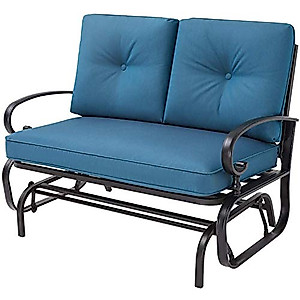 Cemeon Outdoor Glider Rocking Chair Patio Swing Glider Bench for 2 Person, Metal Frame Loveseat Chair with Cushions (Peacock Blue)