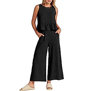ANRABESS Two Piece Outfits for Women Summer Vacation Sleeveless Linen Crop Tank Top Casual Matching Lounge Sets Comfy Tracksuits Long Pants Jumpsuits 2023 Cute Going Out Clothes 817heise-M