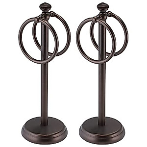 mDesign Steel Towel Rack Holder Stand with 2 Hanging Rings for Bathroom Vanity Countertops - Space Saving Hand Towel Holder - Hyde Collection - 2 Pack - Bronze