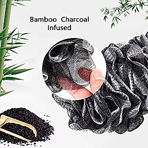 Loofah-Charcoal Back-Scrubber-Bath Sponges-Long Handled Shower Sponge-Loofah On a Stick- 1 Long Handle Back Brush, 1 Large Soft Mesh Poufs and 2 Hook for Men and Women