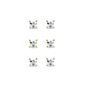 3-Pair Set Yellow Gold Flashed Sterling Silver Cubic Zirconia Princess-Cut 6mm Square Stud Earrings