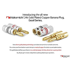 Nakamichi Excel Series 24k Gold Plated Banana Plug 12 AWG - 18 AWG Gauge Size 4mm for Speakers Amplifier Hi-Fi AV Receiver Stereo Home Theatre Radio Audio Wire Cable Screw Connector 4 Pcs (2-Pairs)