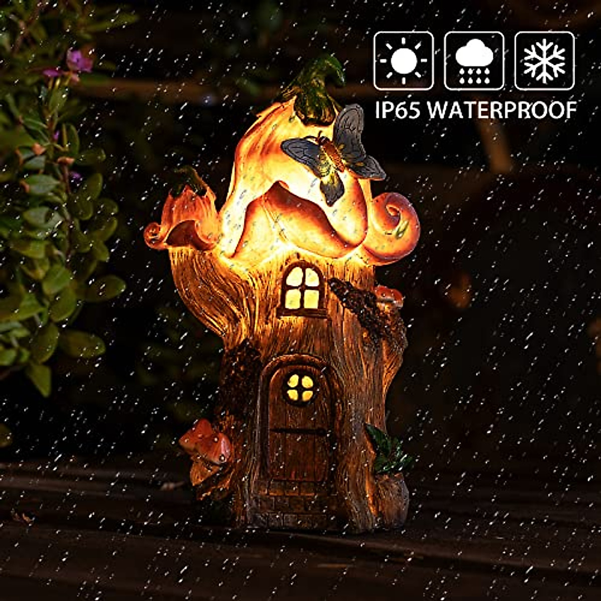 Fairy Garden Accessories Outdoor Statues, Mushroom House Decor,Large Gnome Solar Powered Lights Sculptures,Pink Resin Figurine Butterfly Figurines Lawn Ornaments for Patio Yard Decorations 11Inch