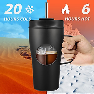 CIVAGO 20 oz Insulated Coffee Mug with Lid, Stainless Steel Coffee Travel Mug with Handle, Double Wall Vacuum Tumbler with Lid and Straw, Thermal Cup, Black
