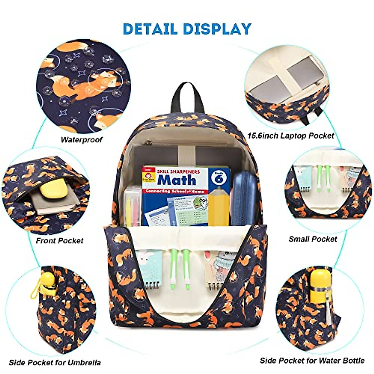 Xunteny Fox Girls School Backpack for Kids Teens, Elementary Middle School Backpacks Bookbag Set with Lunch Bag Pencil Case