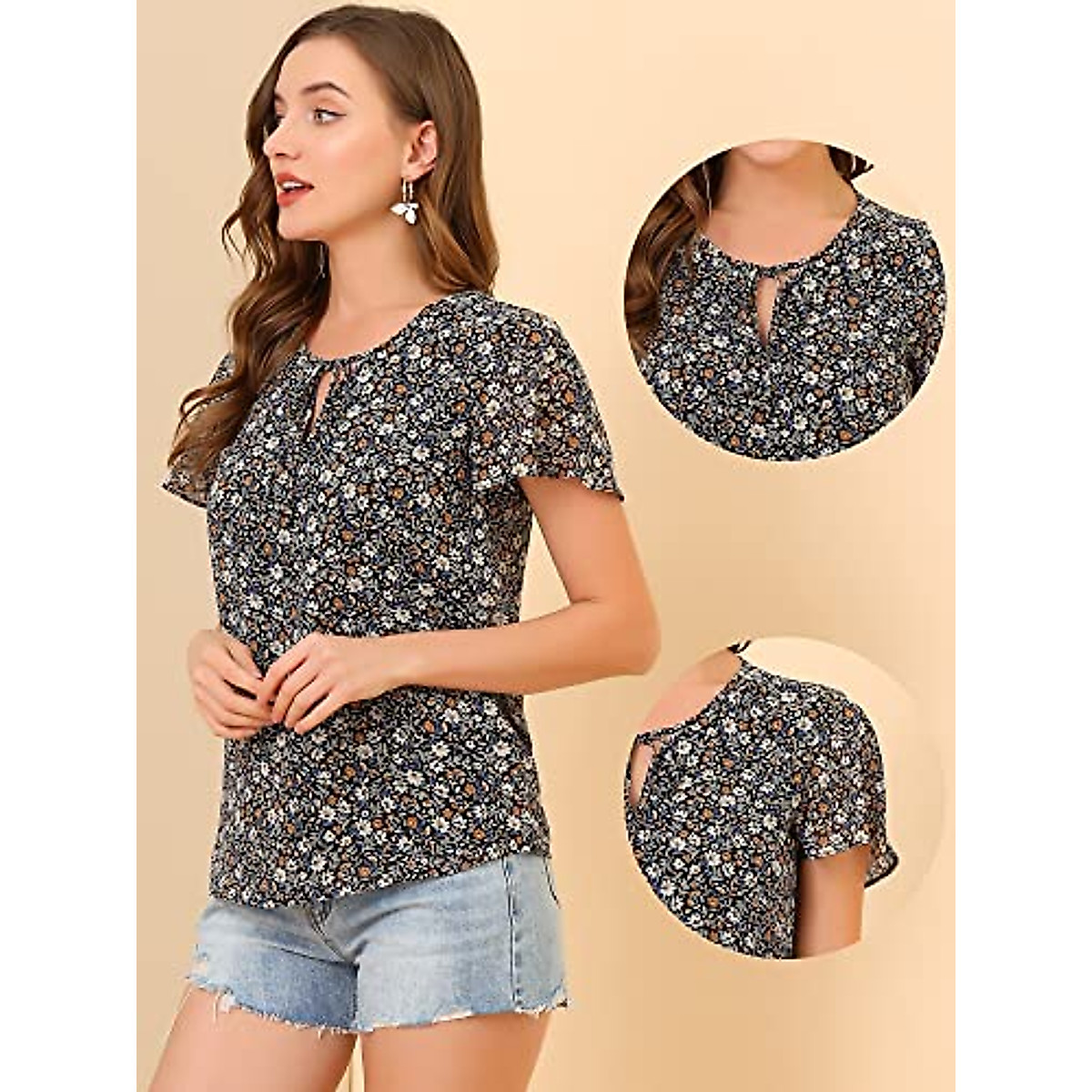 Allegra K Floral Blouse for Women's Short Sleeve Ruffled Tie Neck Blouse Small Black