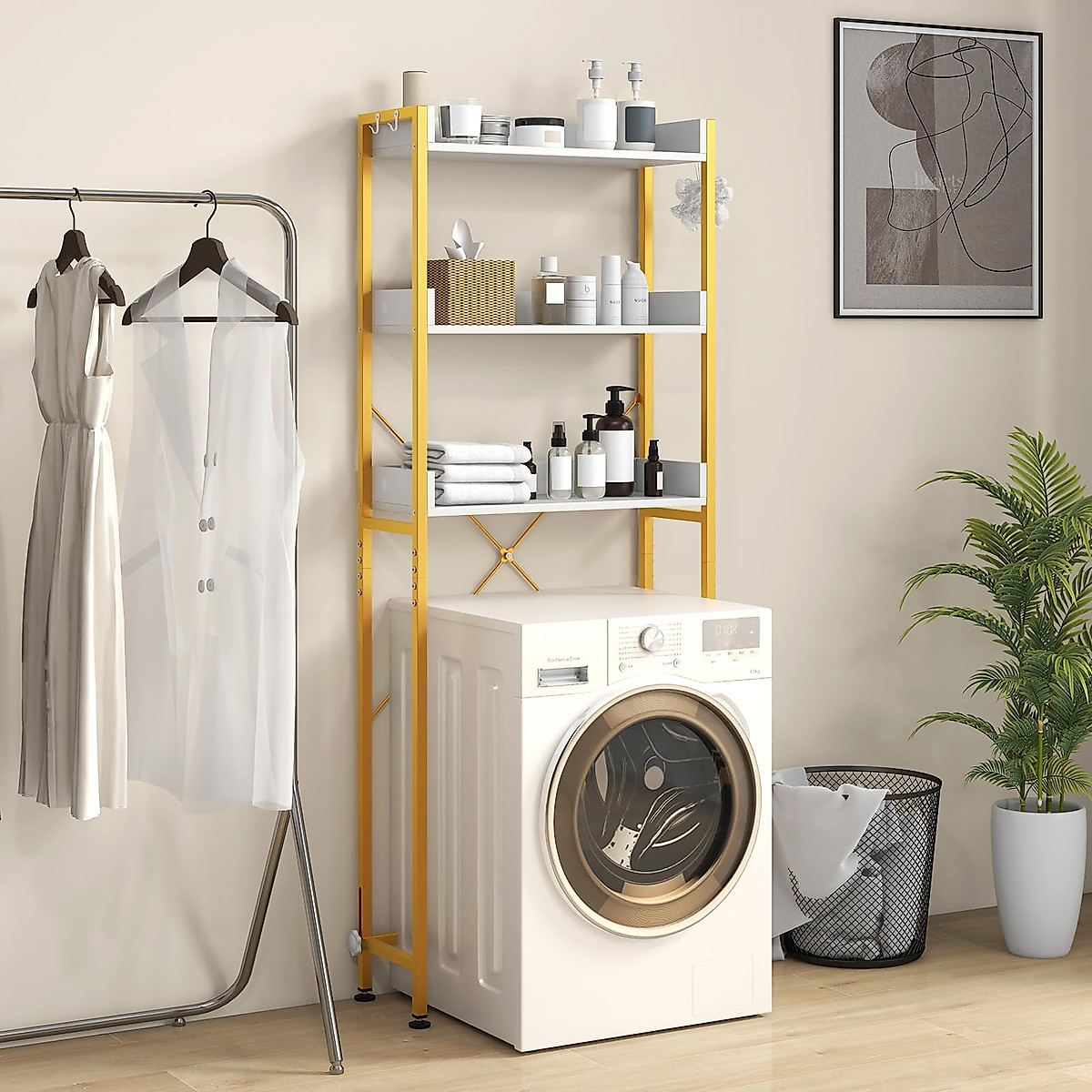 Giantex Over The Toilet Storage Rack, 3-Tier Bathroom Space Saver Organizer with Adjustable Bottom Bar to Fit Most Toilets, Freestanding Above Toilet Storage Rack, Easy Assembly (White + Gold)