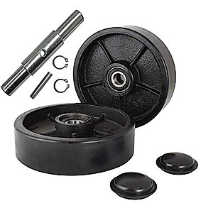 Pallet Jack/Truck Steering Wheels Set with Axle, Fasteners and Protective Caps (4 pcs) 7" x 2" with Bearings ID 20mm Poly Tread Black