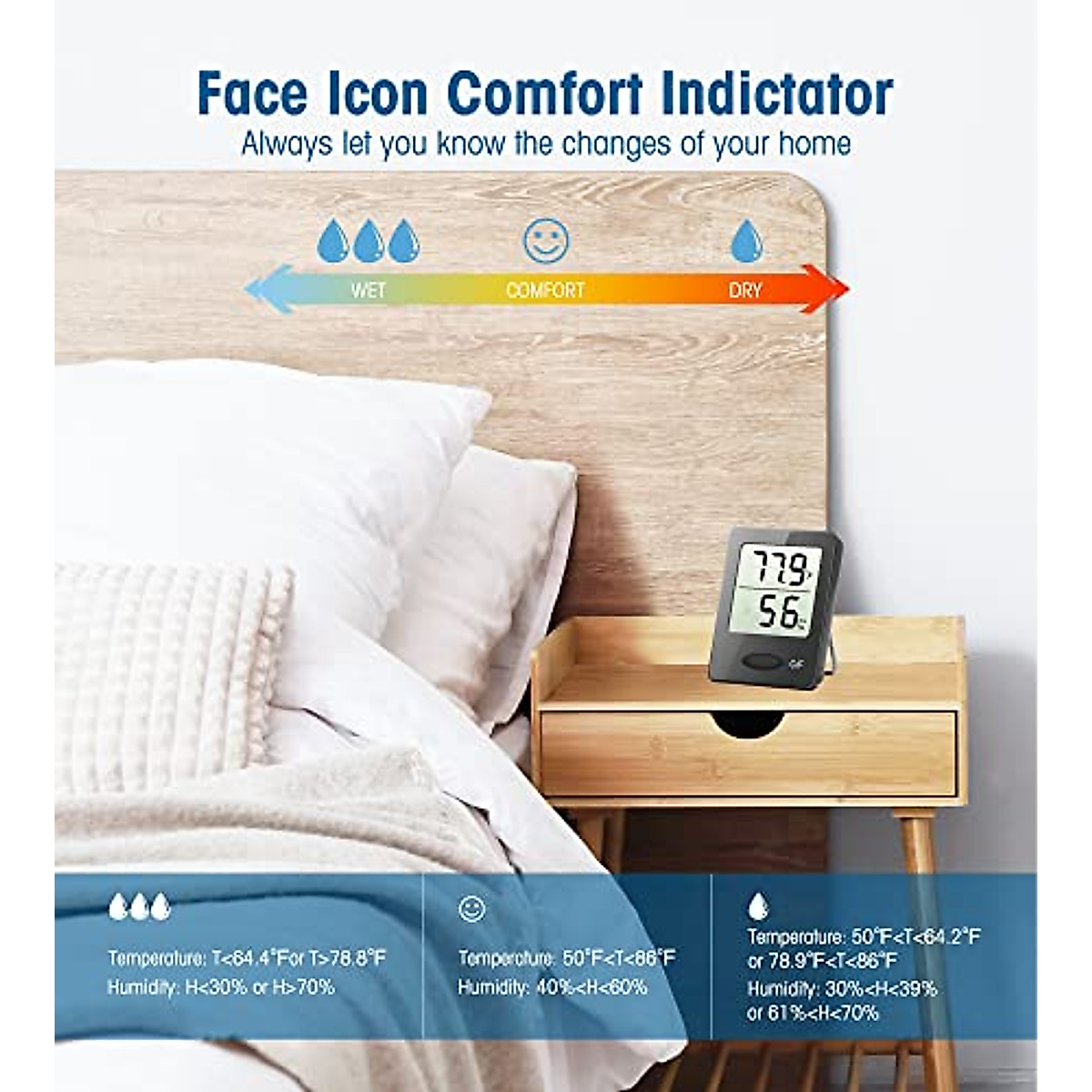 Indoor Hygrometer Thermometer, Room Thermometer with Large LCD Display, Temperature Humidity Sensor with Comfort Indicator, Humidity Monitor for Home Office