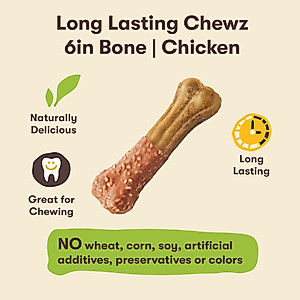Pet 'n Shape Long Lasting Chewz Dog Treats - Chicken Wrapped Rawhide - 3 Bones, 6-Inch Long