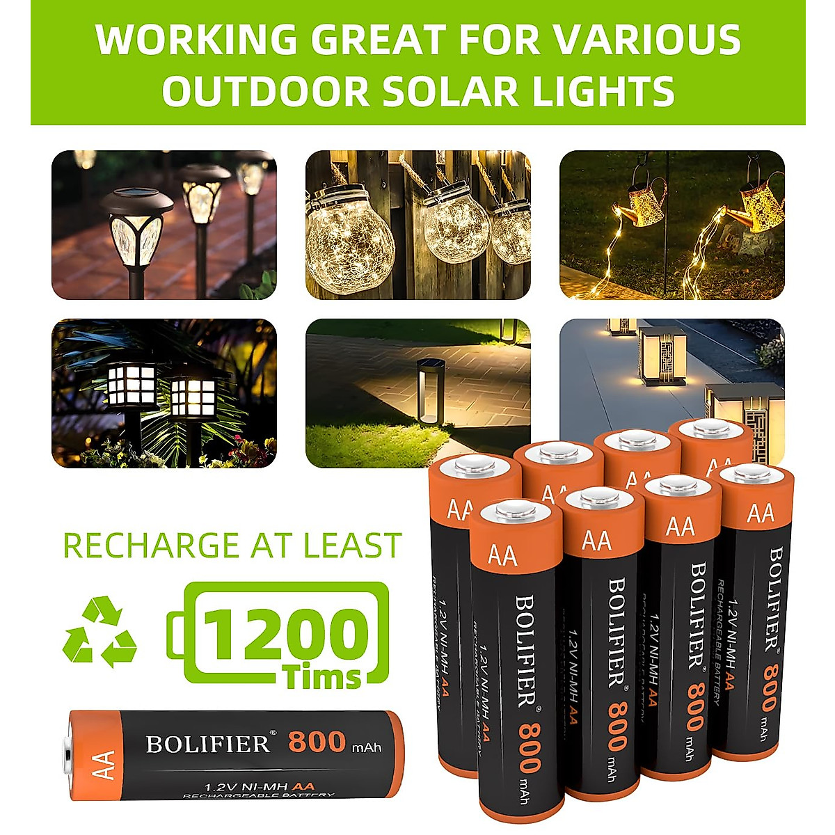 Kruta NiMH Rechargeable AA Batteries, 1.2V 800mAh Rechargeable AA Solar Batteries for Outdoor Solar Lights and Household Devices, Pre-Charged (AA Pack 8)