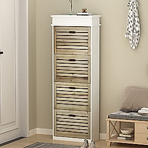 AGOTENI Tall Shoe Cabinet with 4 Flip Drawers, Narrow Storage Cabinet, Wood Shoe Storage for Hallway Entrance, White+Natural (21.7”W x 9.8”D x 64”H)