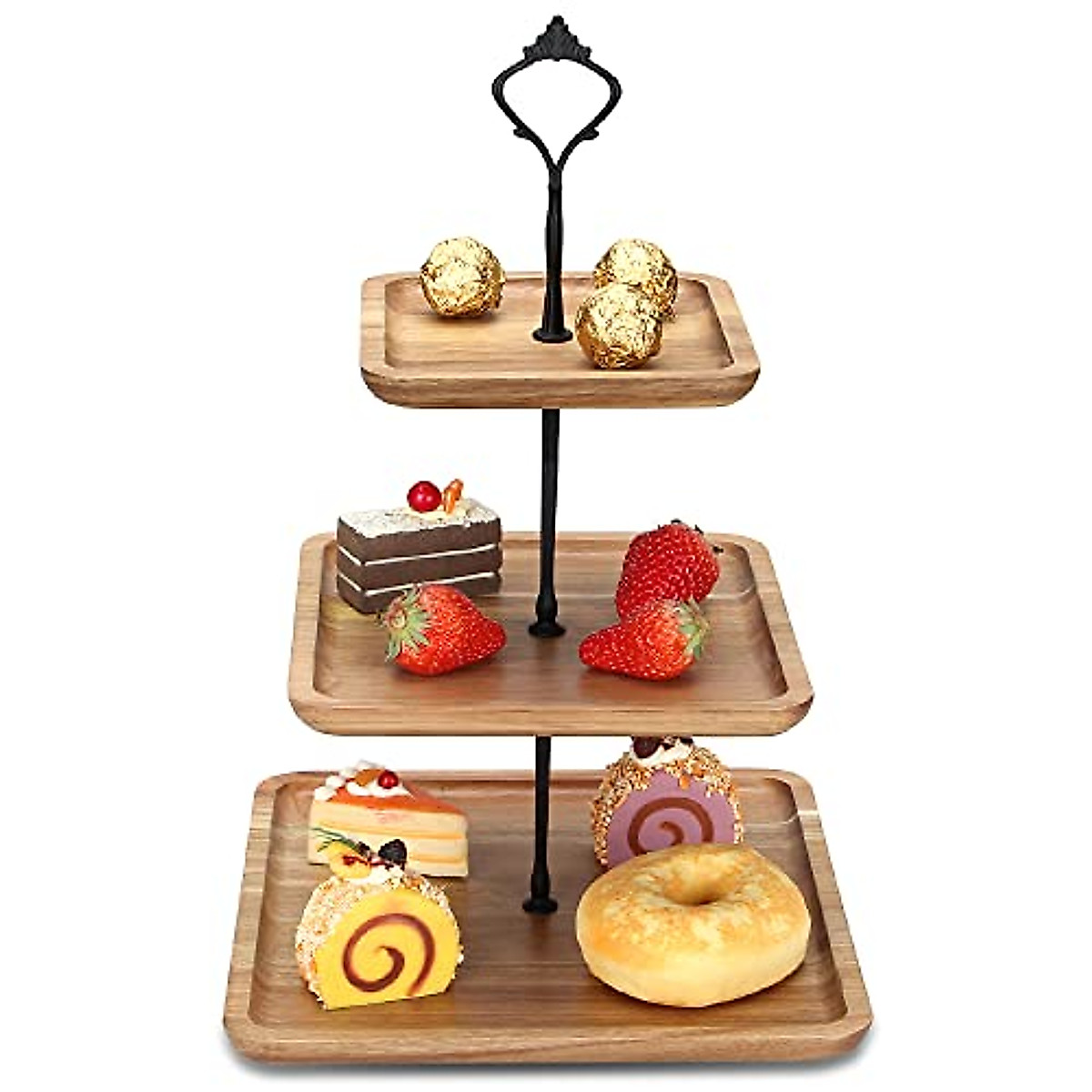 3 Tier Square Cupcake Stand Acacia Wood Serving Stand Wooden Three Tiered Cake Stand Dessert Stand for Party Wedding 3 Tier Tray Farmhouse Cup Cake Holder Display Stand