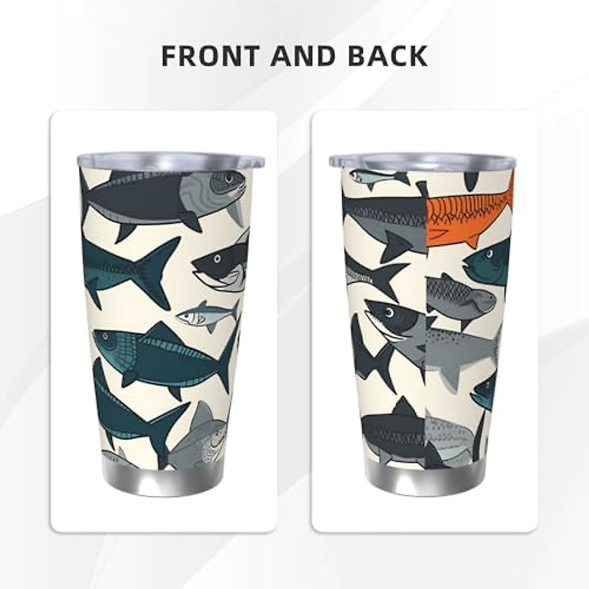 fish Tumbler with Lid and Straw 20oz Stainless Steel Car Cup for Hot and Cold Drinks, Double Wall Insulated Travel Coffee Mug Reusable Drink Thermos Cup Birthday Gifts