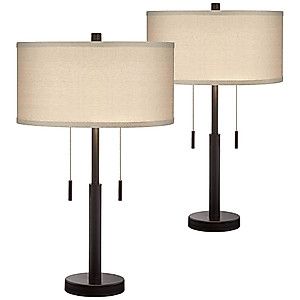 Franklin Iron Works Bernie Industrial Nightstand Table Lamp 25" High Set of 2 with Hotel Style USB Charging Port Rich Bronze Metal Fabric Drum Shade for Living Room Desk Bedroom House Bedside Home