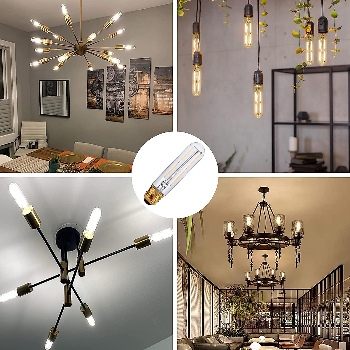 TIANSHQ 6 Pcs E26 T10 LED Tubular Light Bulbs, Daylight White Edison Bulb 4000K 4W Dimmable T10 Led Bulb for Pendant Lights, Lamps, Outdoor Long Light Bulbs (4W, 4000K)