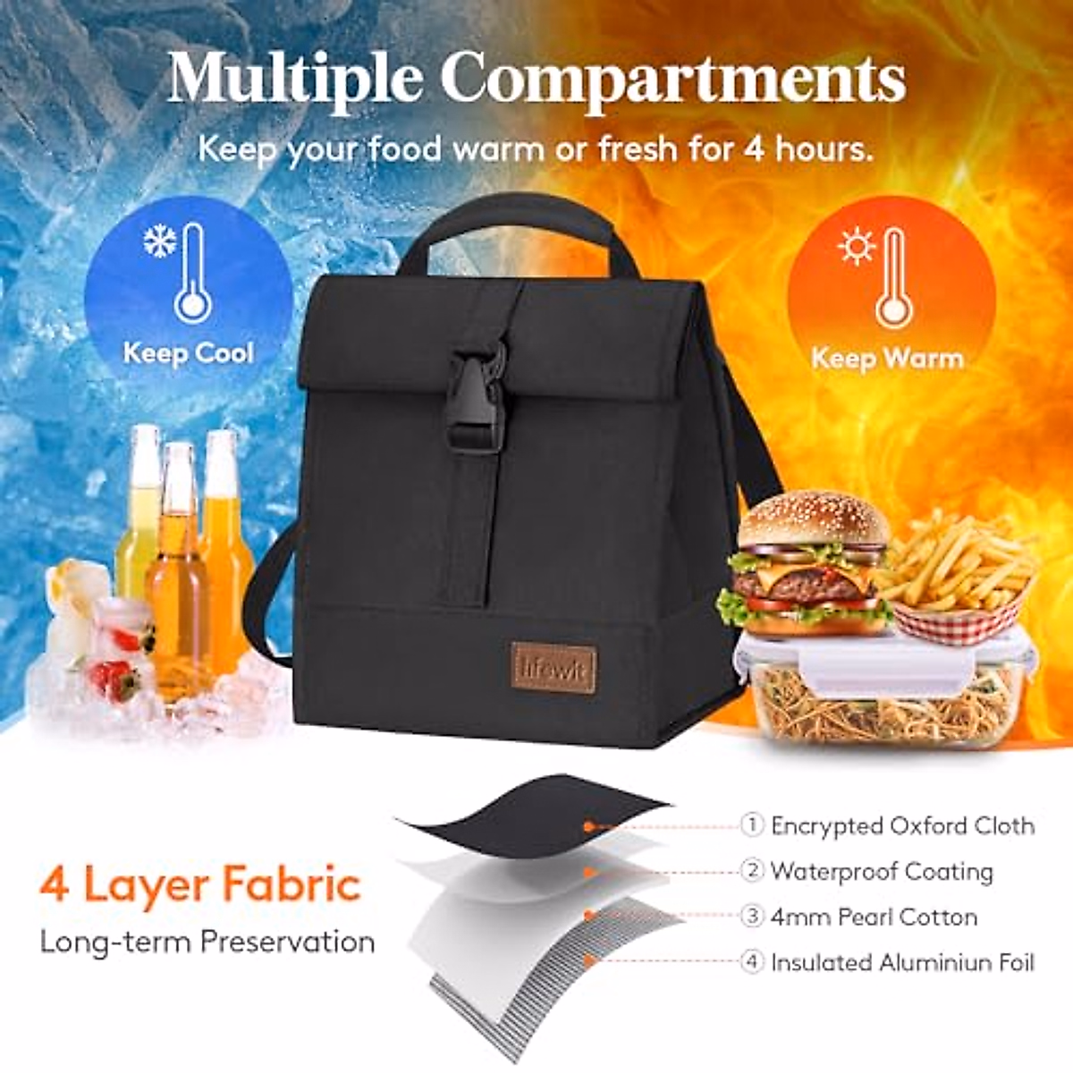 Lifewit Insulated Lunch Bag Rolltop, Reusable Lunch Box for Men Women Adults with Adjustable Shoulder Strap, Foldable Lunchbox Leakproof Cooler Bag for Office Work Picnic, 8L Black
