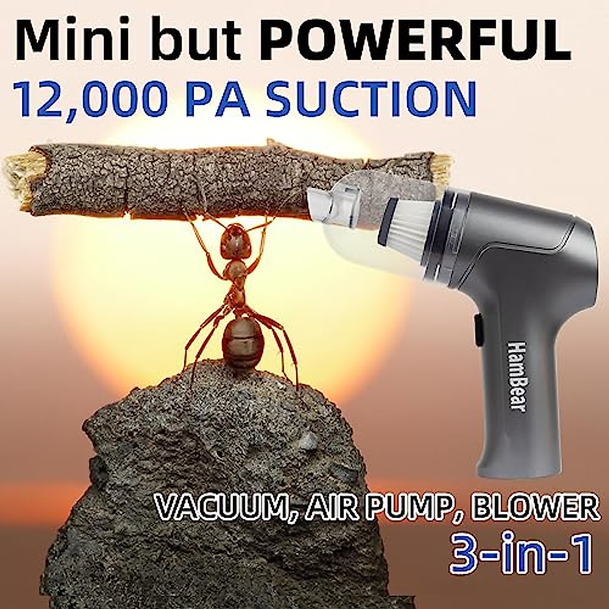 HamBear Mini Vacuum Cleaner 3-in-1 for Car, 12000PA Powerful Suction, 80000RPM Brushless Motor, Tiny Handheld Dust Buster, Vacuum Air Pump and Blower Cordless for Home, Keyboard, Pet Hair Cleaning