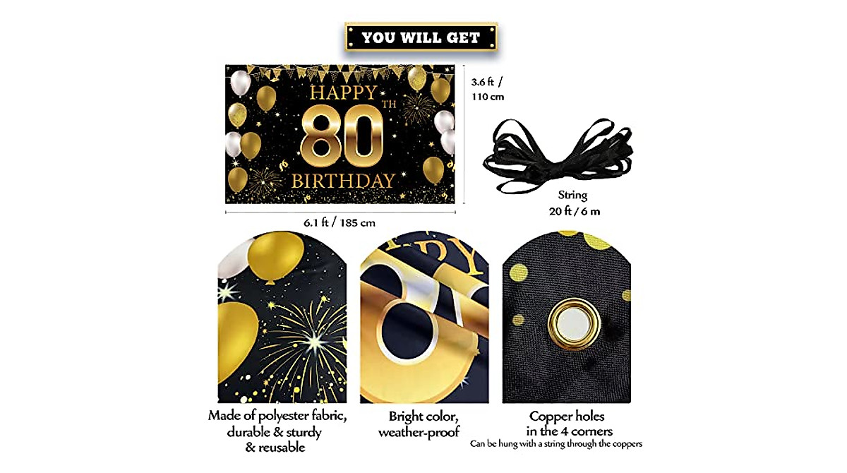 Stylish 80th Birthday Party Backdrop - Black Gold