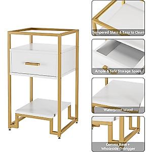 Nightstand Set of 2, End Table with Storage Drawer and 3-Tier Storage & Tempered Glass Top, Bedside Furniture with Steel Frame, Side Table for Bedroom, Dorm, Easy Assembly, White and Gold