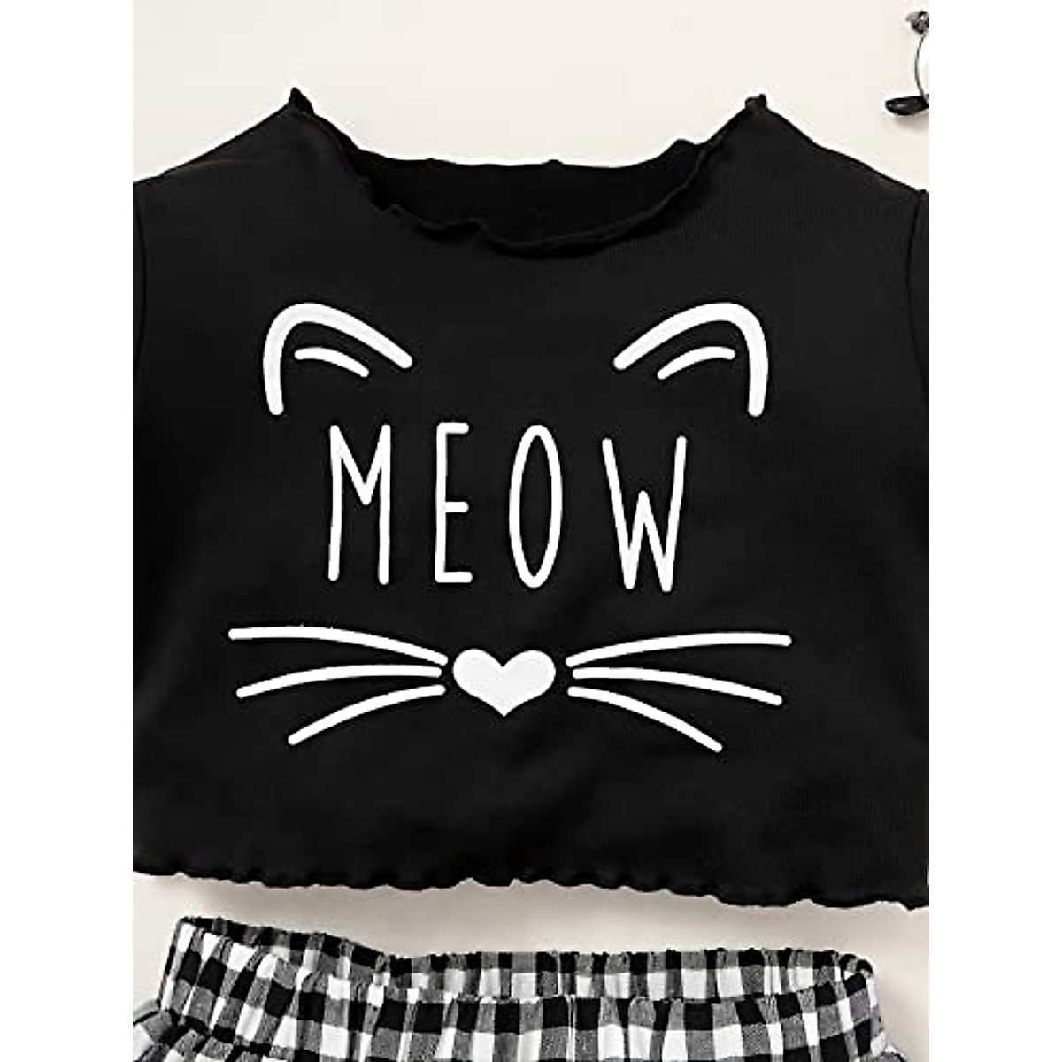 SOLY HUX Girl's Cute 2 Piece Outfits Letter Graphic Lettuce Trim Short Sleeve Tee Tops and Plaid Shorts Set Black and White 160