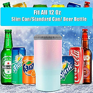 4 in 1 Can Cooler Water Bottle, 12oz Stainless Steel Beer Bottle with Straw Fits Slim Skinny Bottle & Can, Non-Slip | Pink